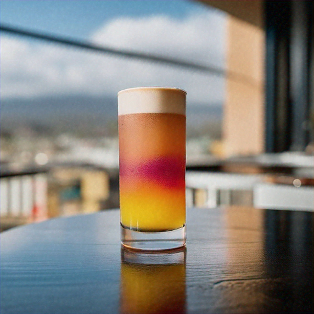 Sunset Serape, Smoky, tangy, frothy cocktail with mezcal and passion fruit