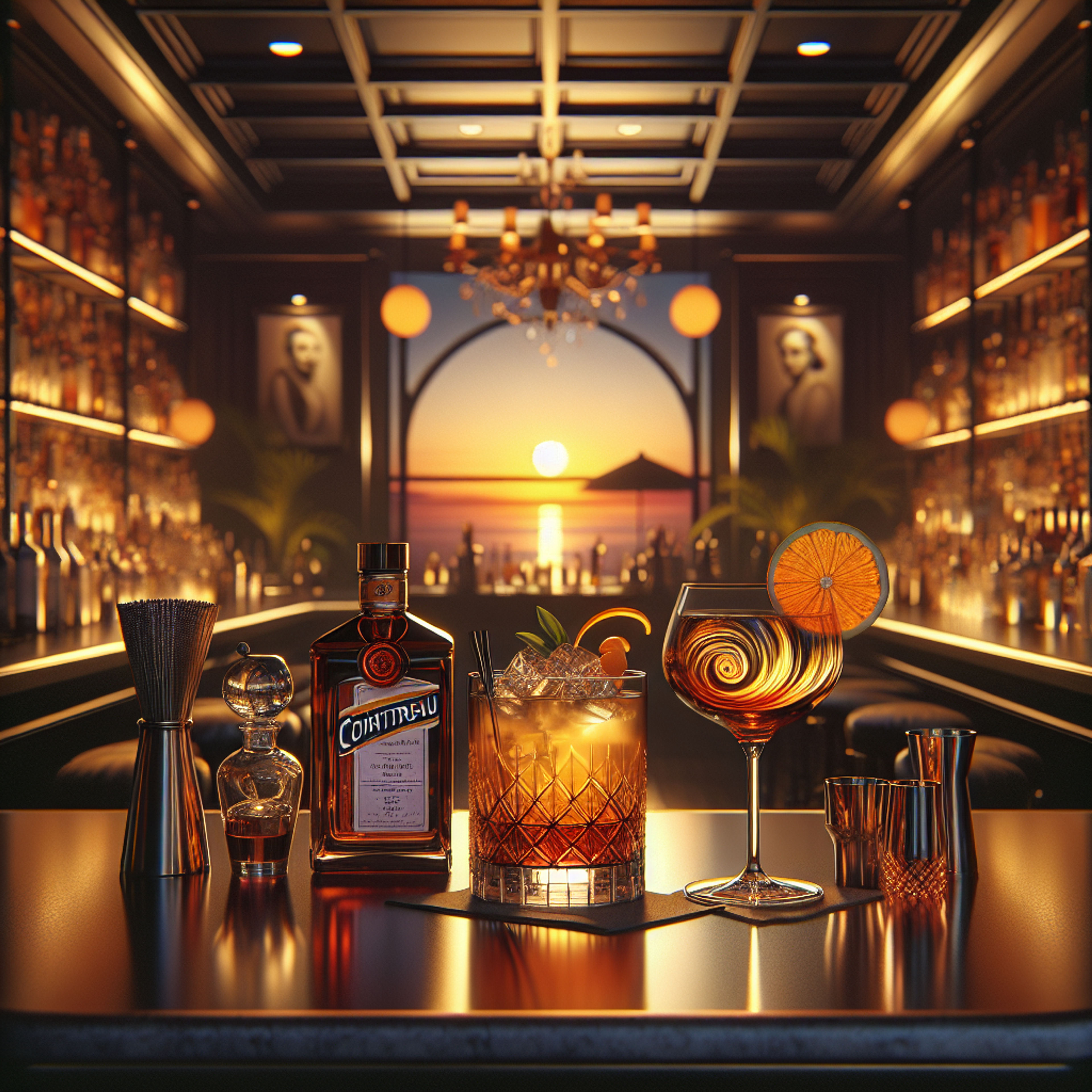 Sunset Serenade, Rye whiskey, Cointreau, orange soda cocktail