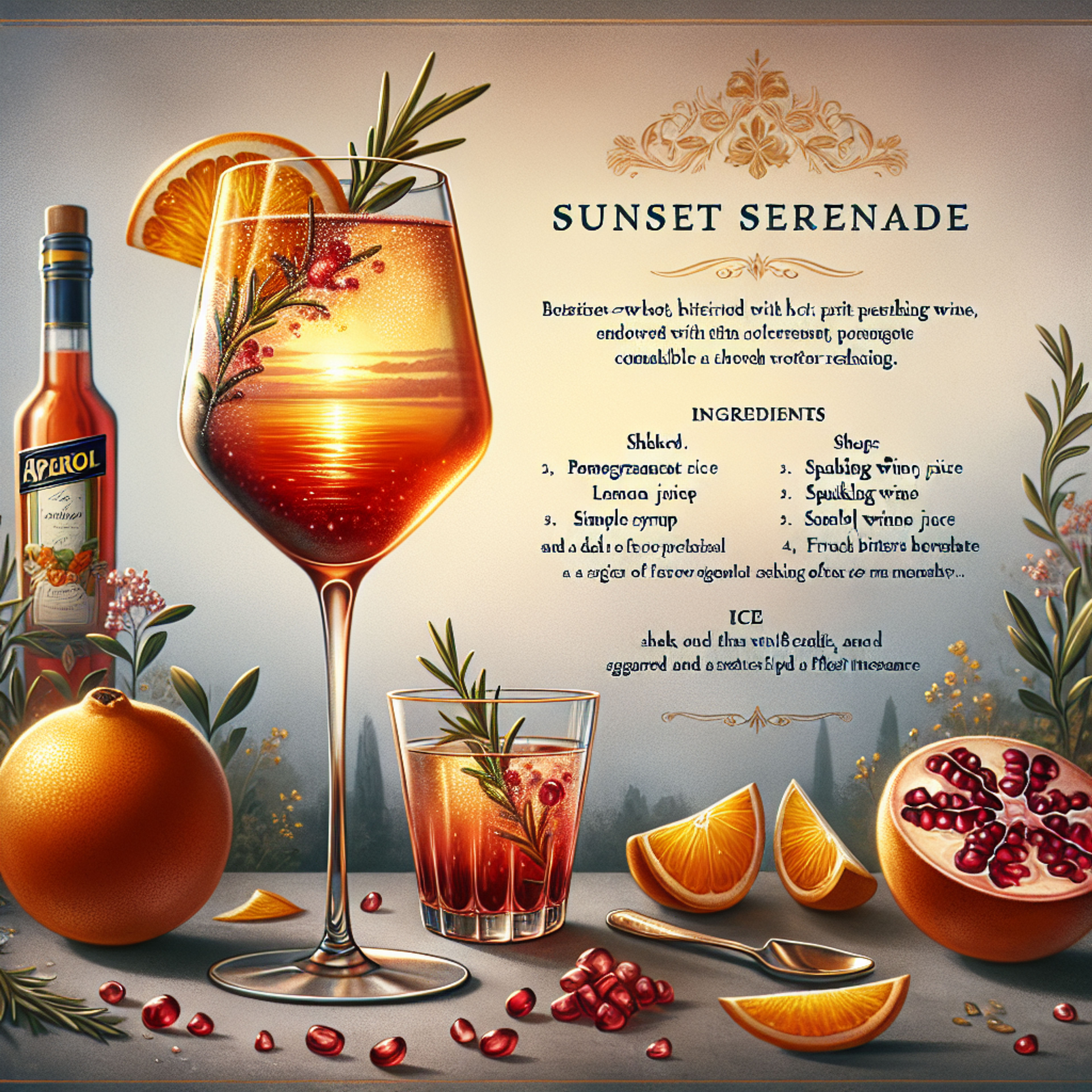 Sunset Serenade, Refreshing, colorful cocktail with Aperol, pomegranate, and sparkling wine
