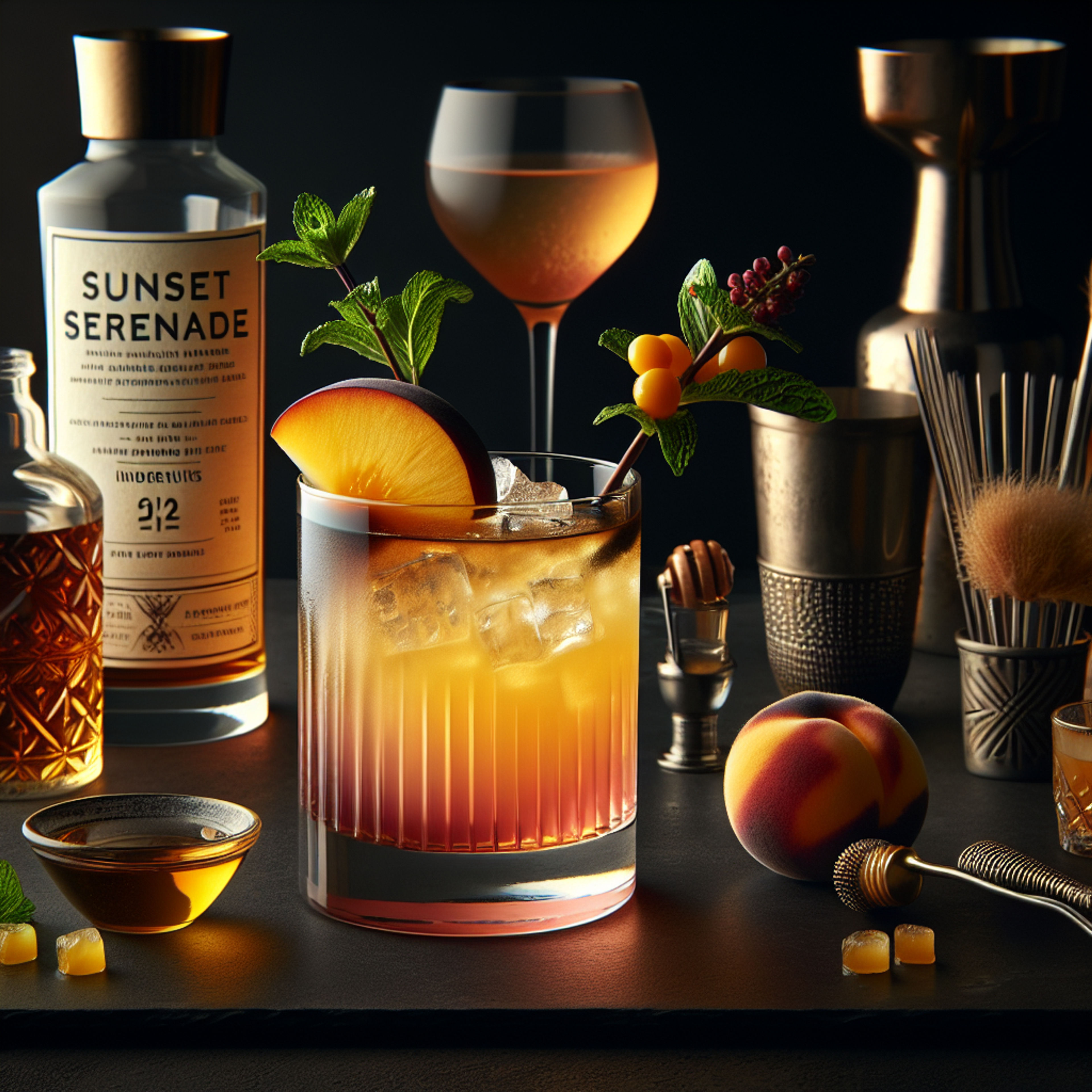 Sunset Serenade, Bold and sweet bourbon cocktail with peach and ginger