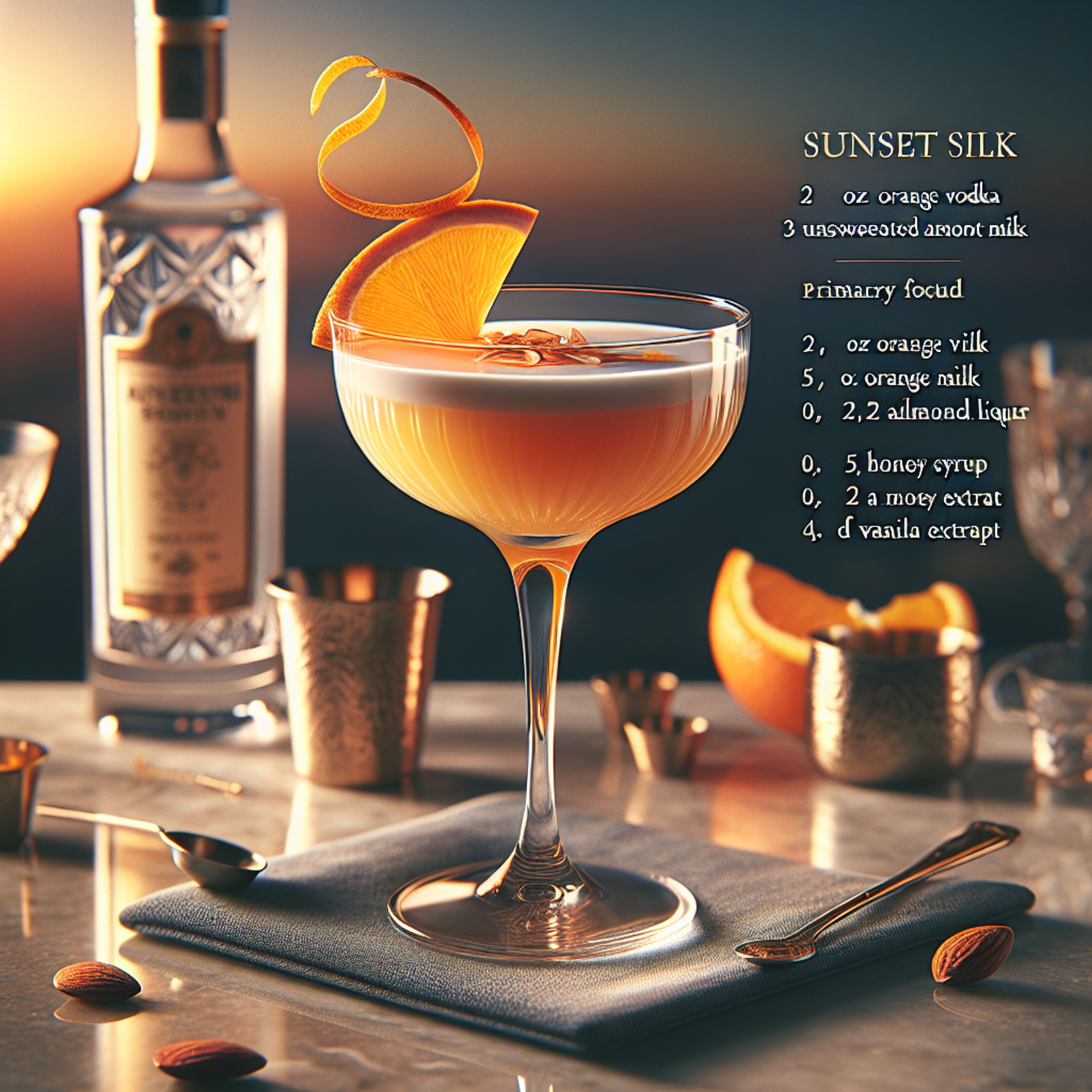 Sunset Silk, Velvety smooth cocktail with orange vodka and almond milk