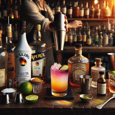 Sunset Splash Shot, Vibrant tropical shot with Malibu rum and Aperol