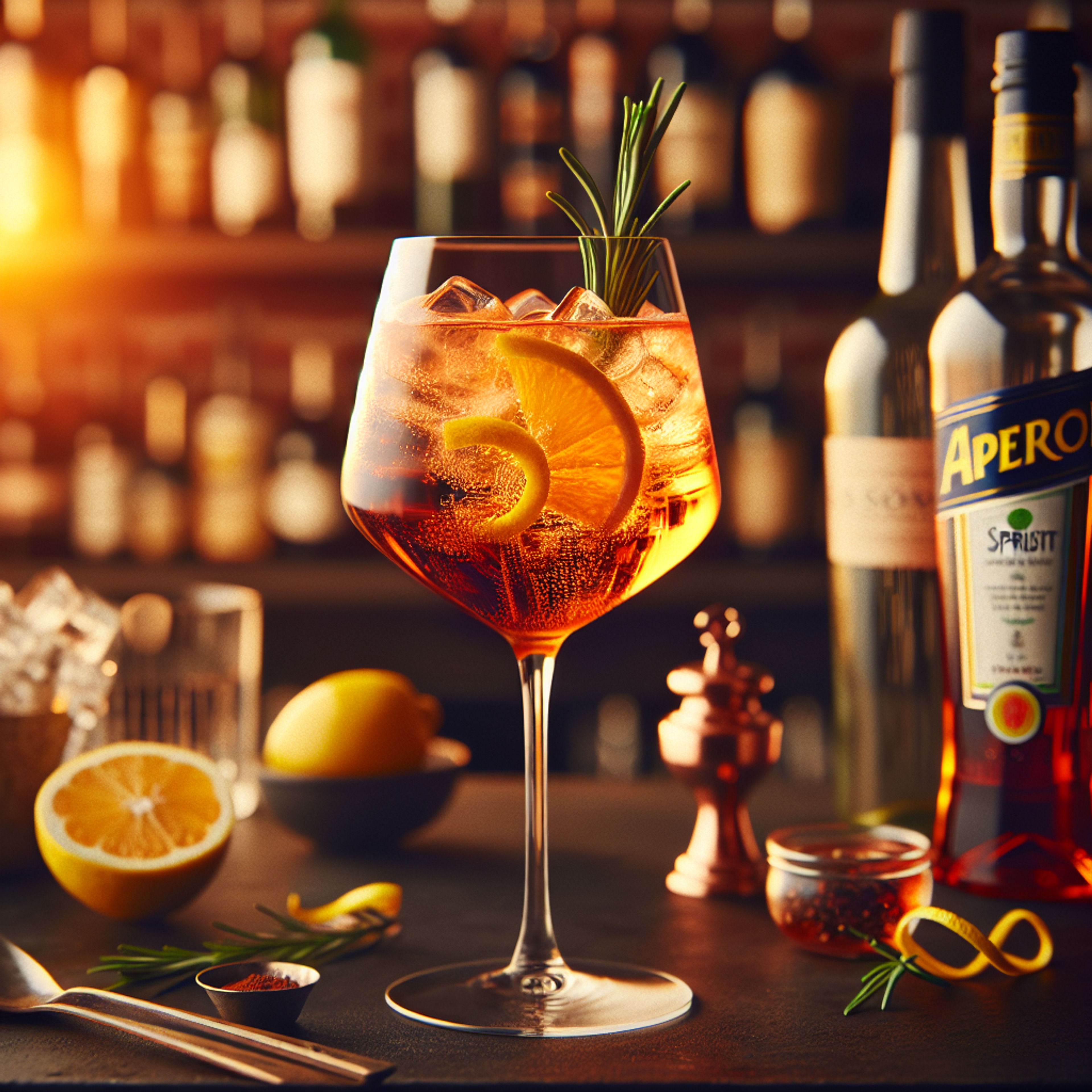 Sunset Spritz Aperol, Aperol-based cocktail with lemon and prosecco