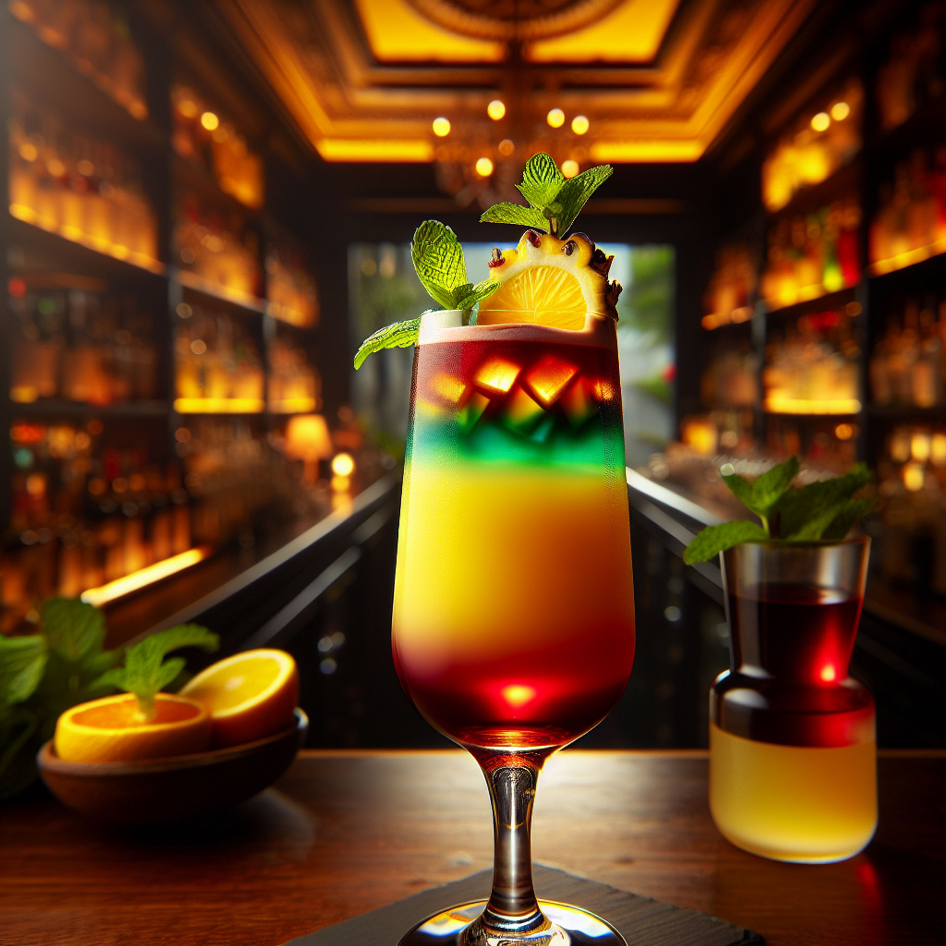 Sunset Symphony, Captivating layered cocktail with guava and Cabernet Sauvignon