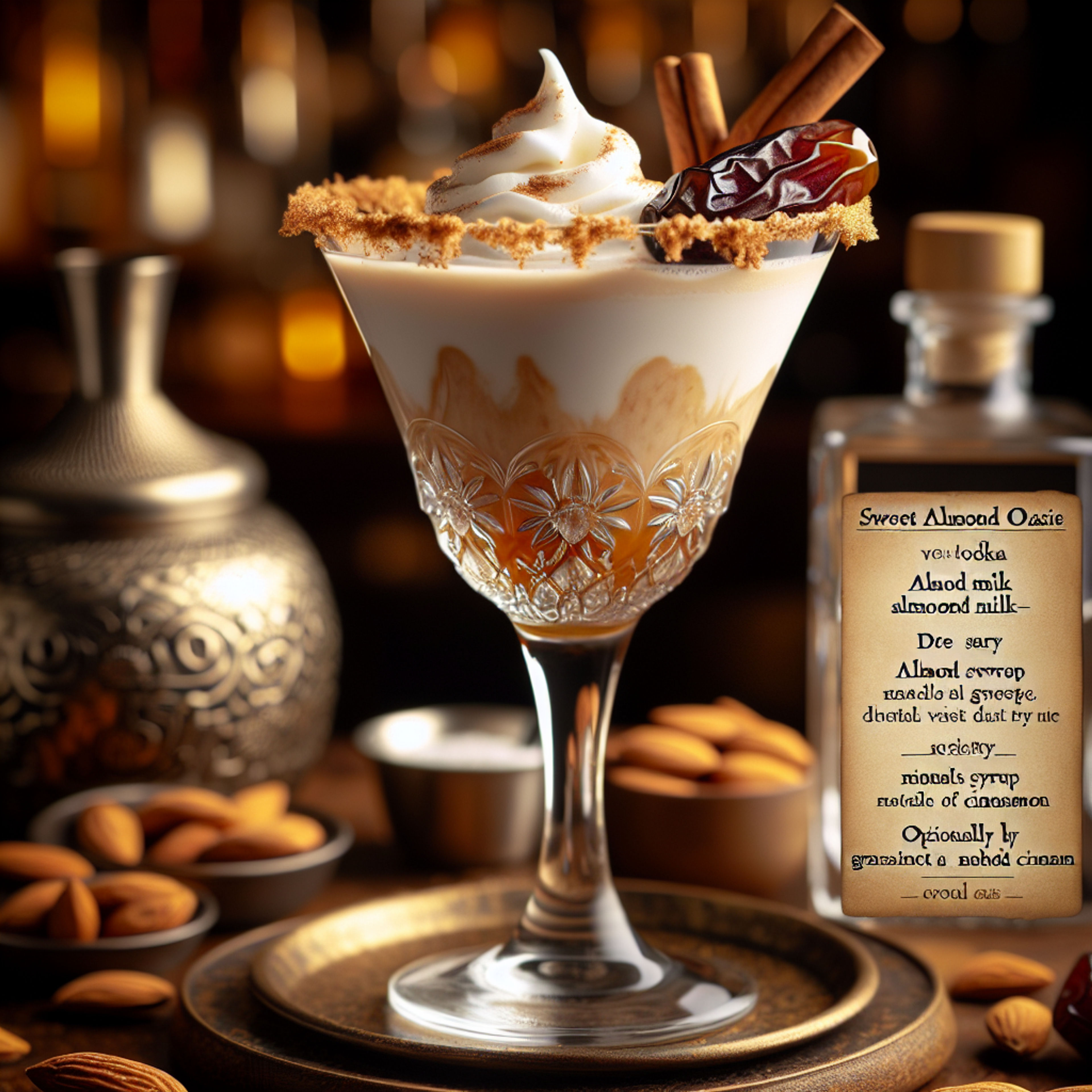 Sweet Almond Oasis, Creamy cocktail with almond milk, dates, and cinnamon