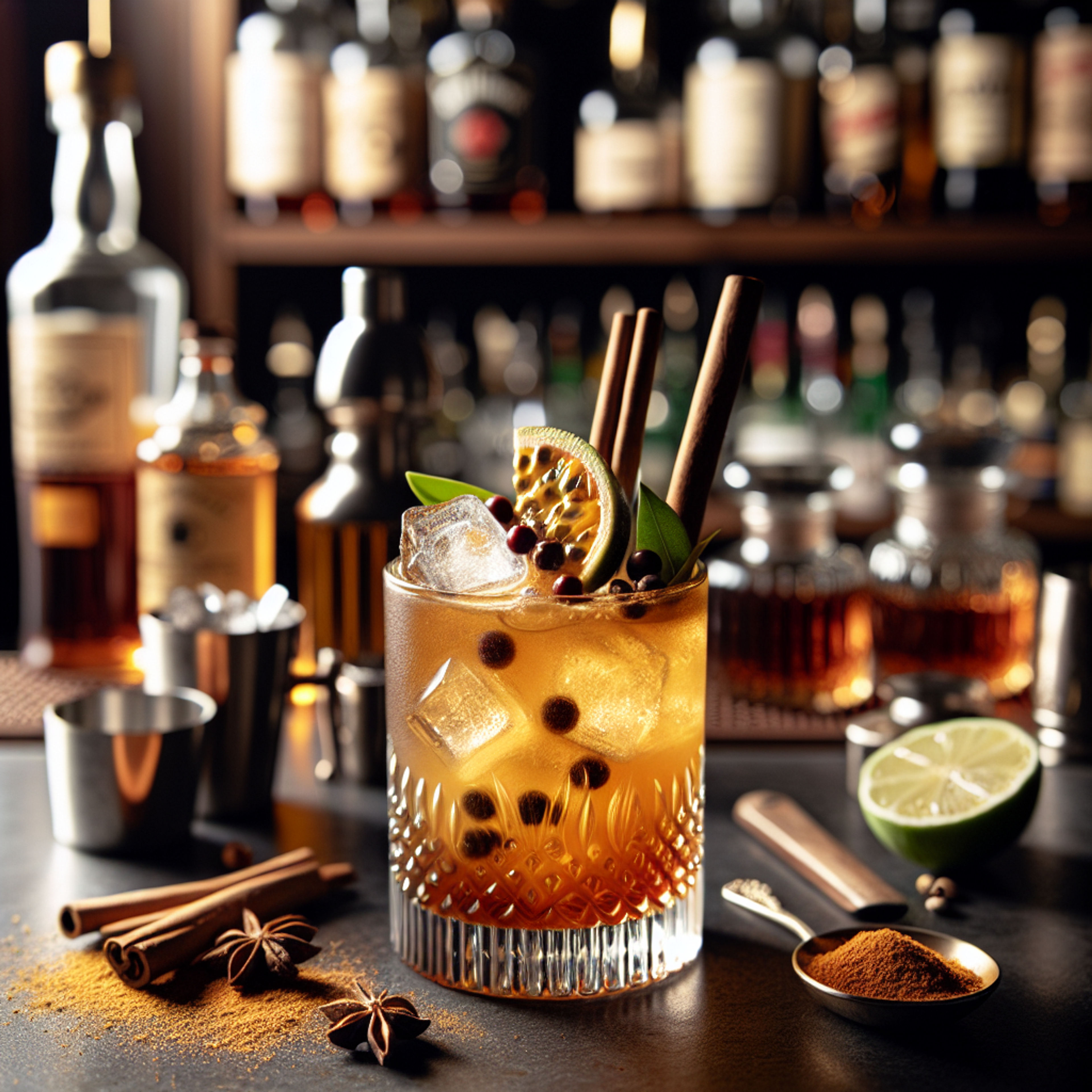 Tropical Spice Rum Voyage, Tropical spiced rum cocktail with a zesty twist