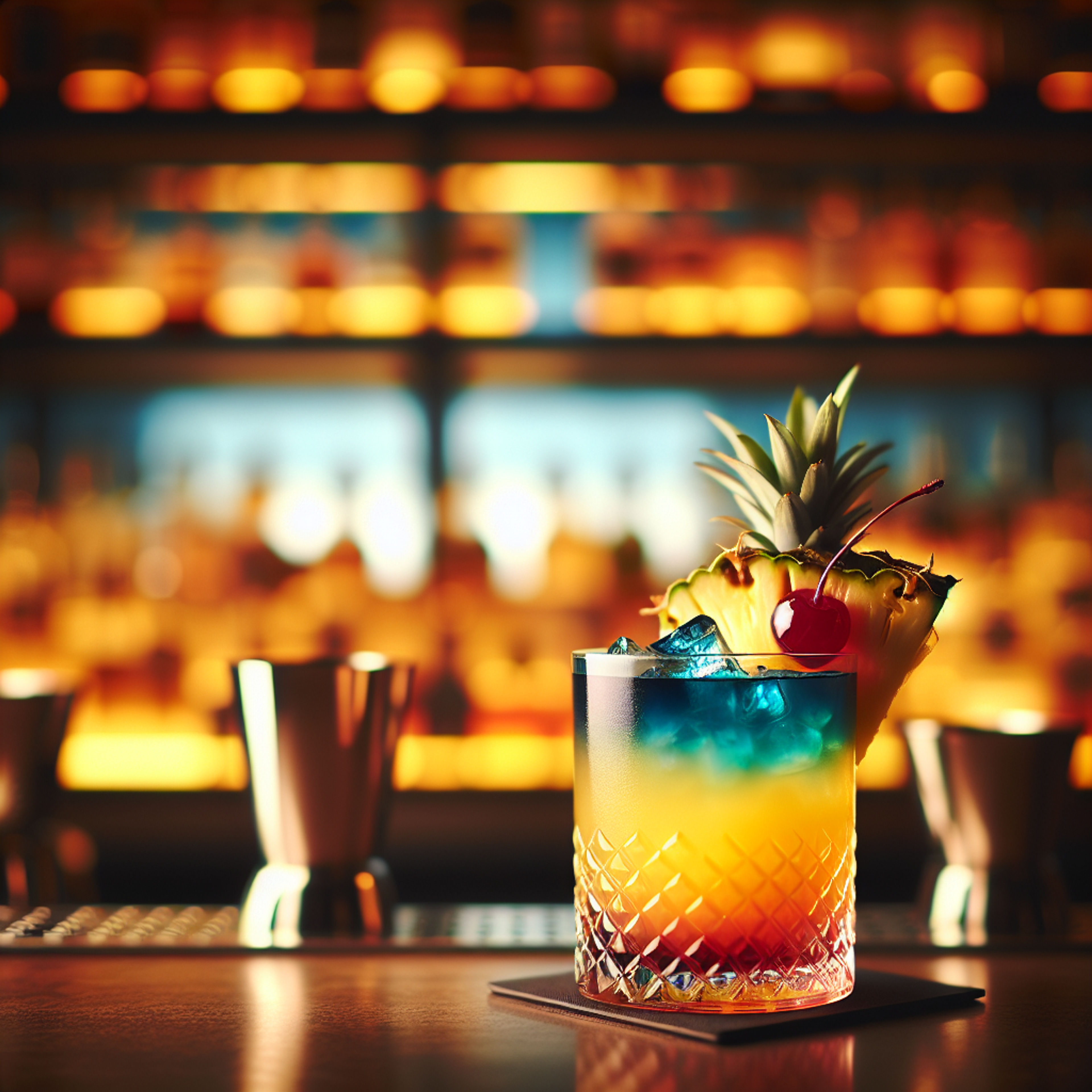 Tropical Sunset Royale, Stunning layered cocktail with tropical flavors