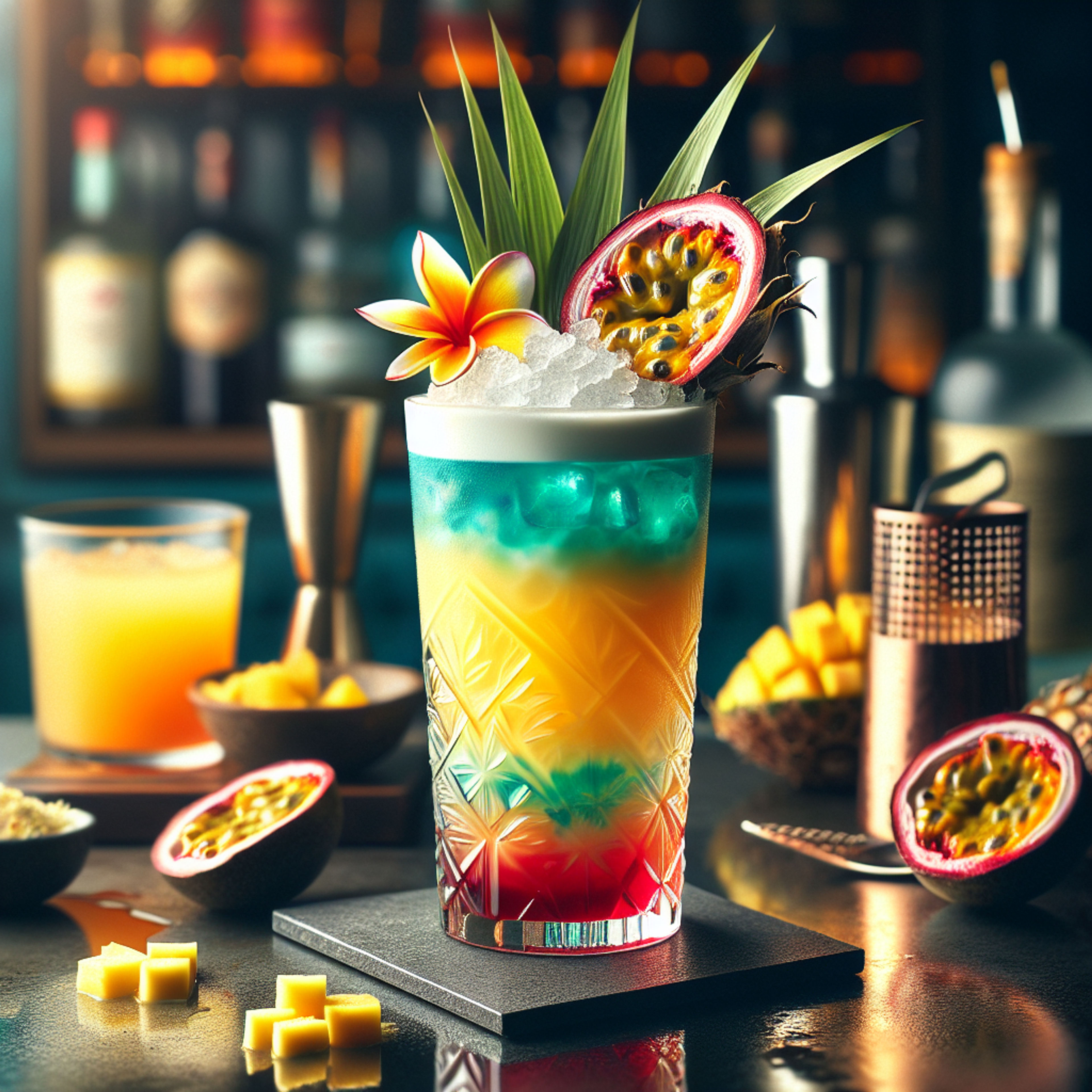 Tropical Whisper, Vibrant cocktail with exotic fruit flavors and creaminess