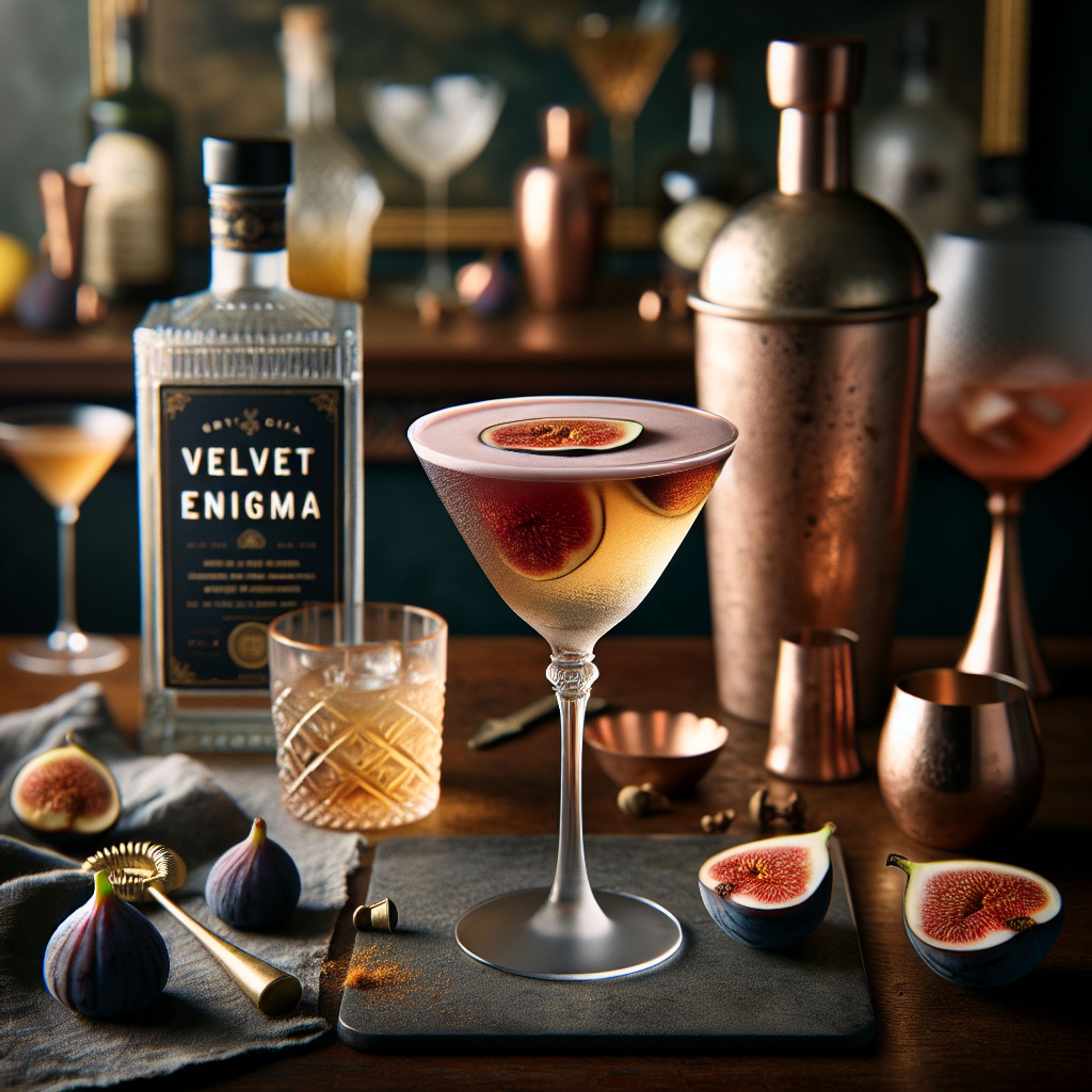Velvet Enigma, Sophisticated blend with figs, gin, and maraschino liqueur