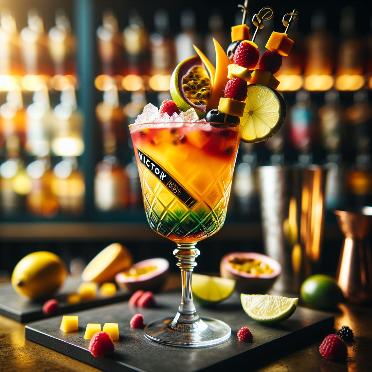 Victory's Tropical Triumph, Vibrant cocktail with lime, fruity flavors ...