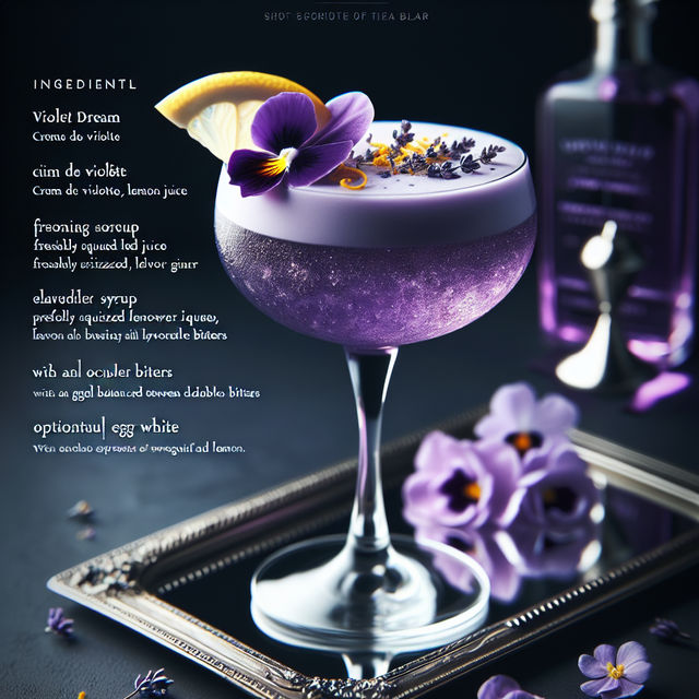 Violet Dream, Vibrant, floral, citrusy cocktail with sweet and tart flavors