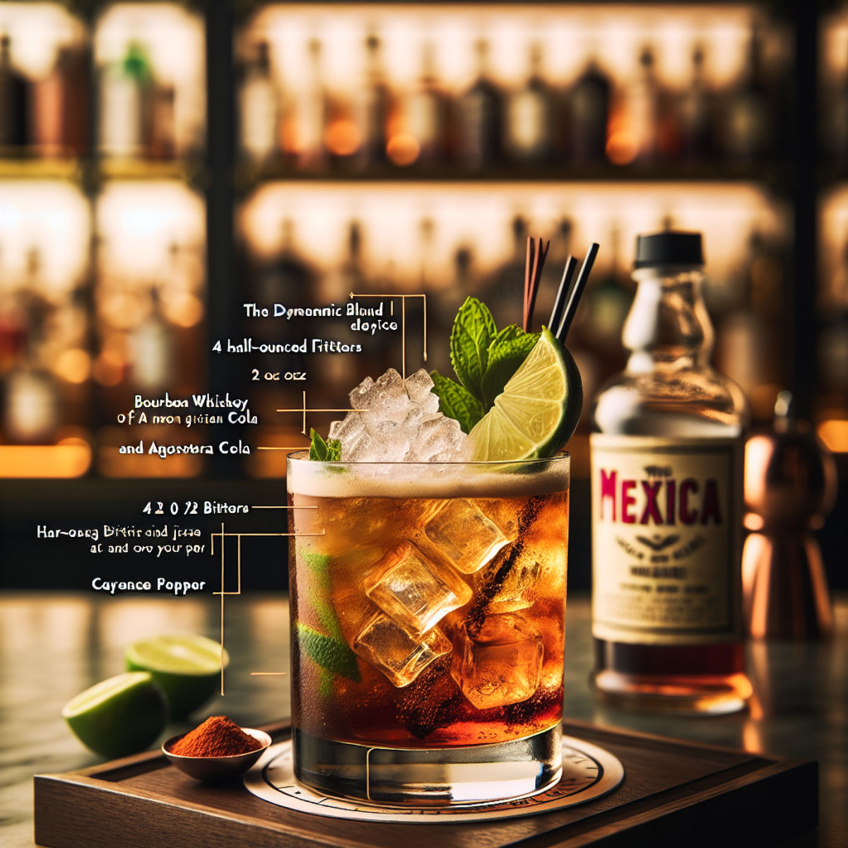 Whiskey Tango Fizz, Whiskey cola with lime, spice, and citrus twist