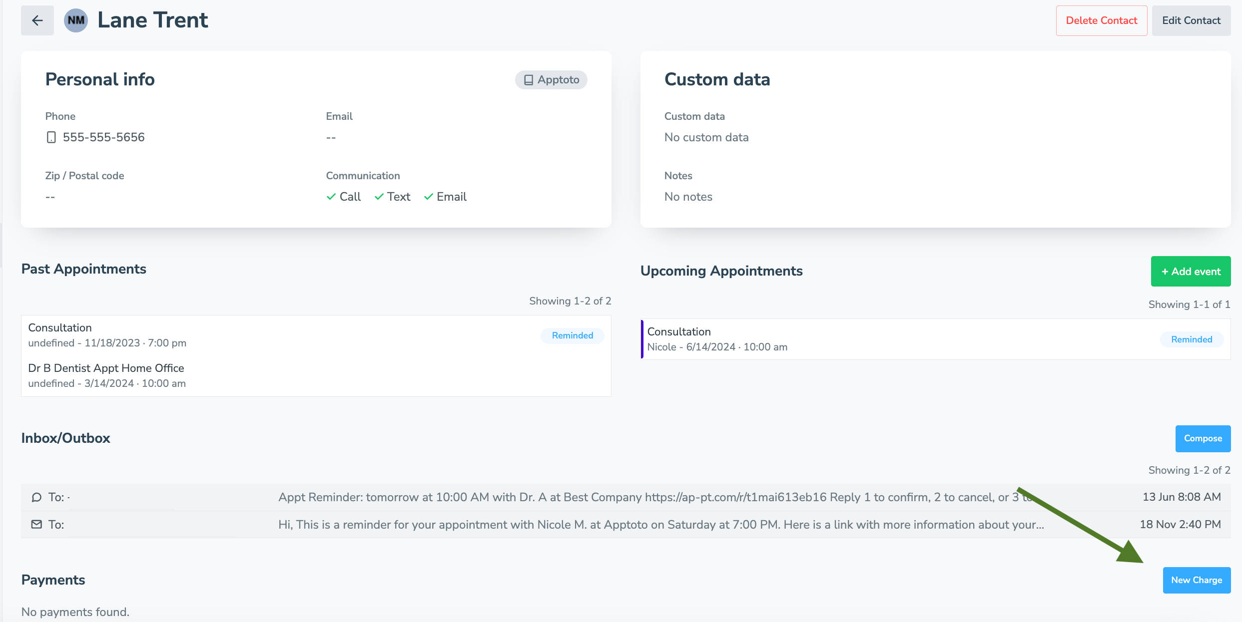 Charging One-Time Payments via the Contacts Tab