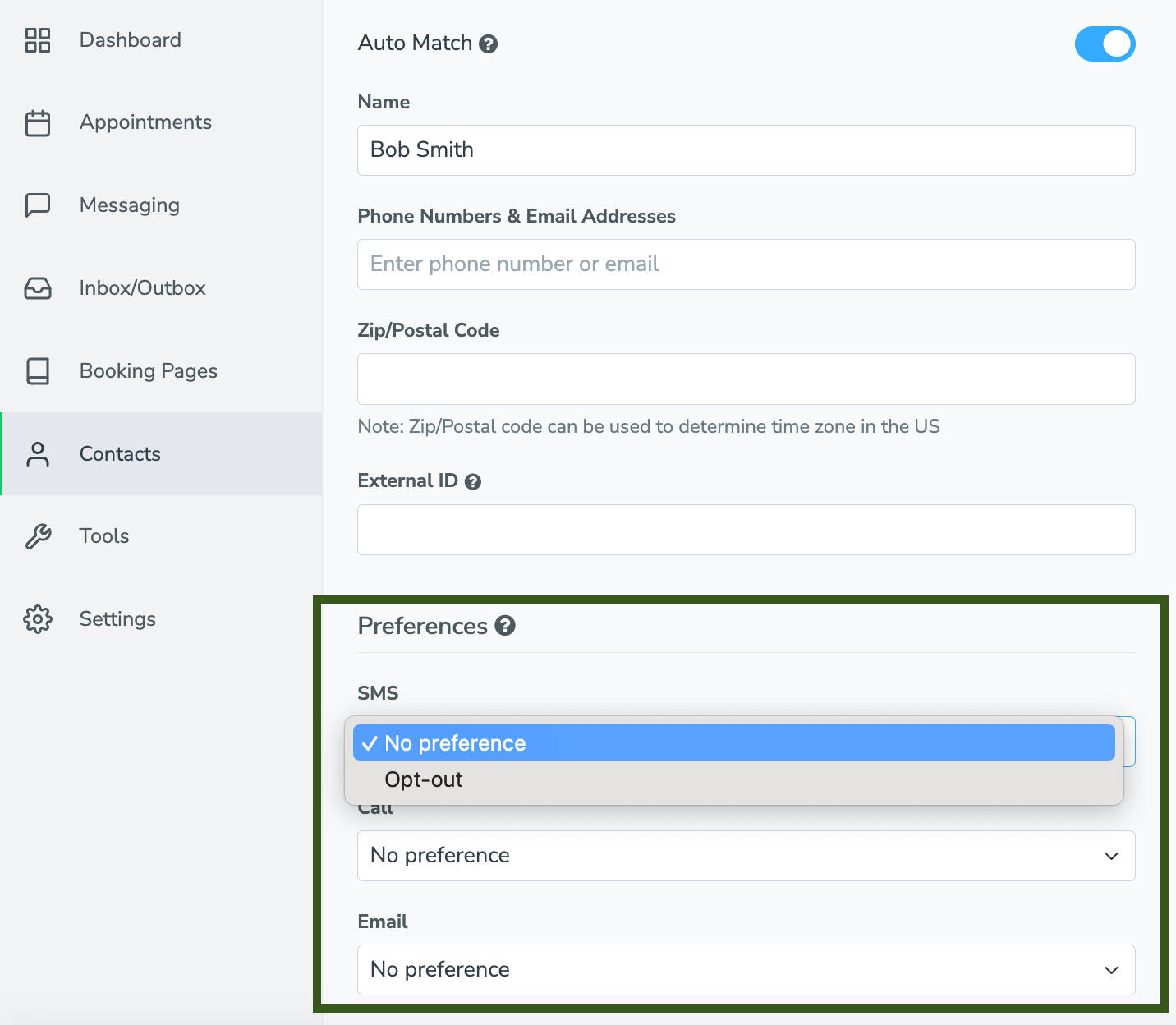 Set Contact Preferences (Opt In/Out) for Appointment Messages