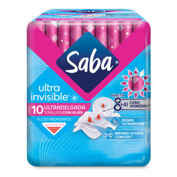 Toalla Intima Ultradelgada Con Alas Saba Paquete 10 Unid | Auto Mercado