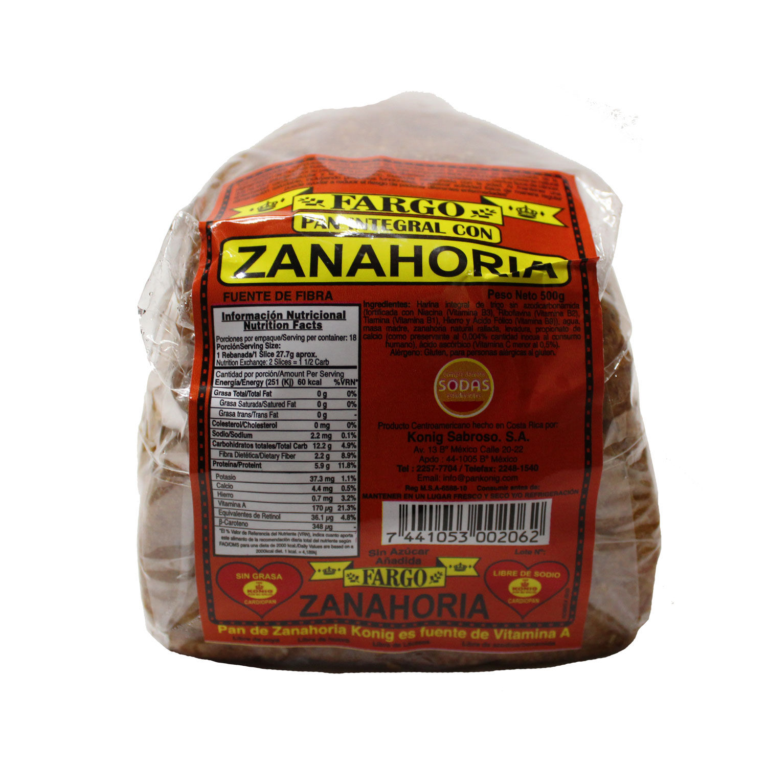 Pan Empacado Integral Zanahoria Konig Paquete 500 G | Auto Mercado
