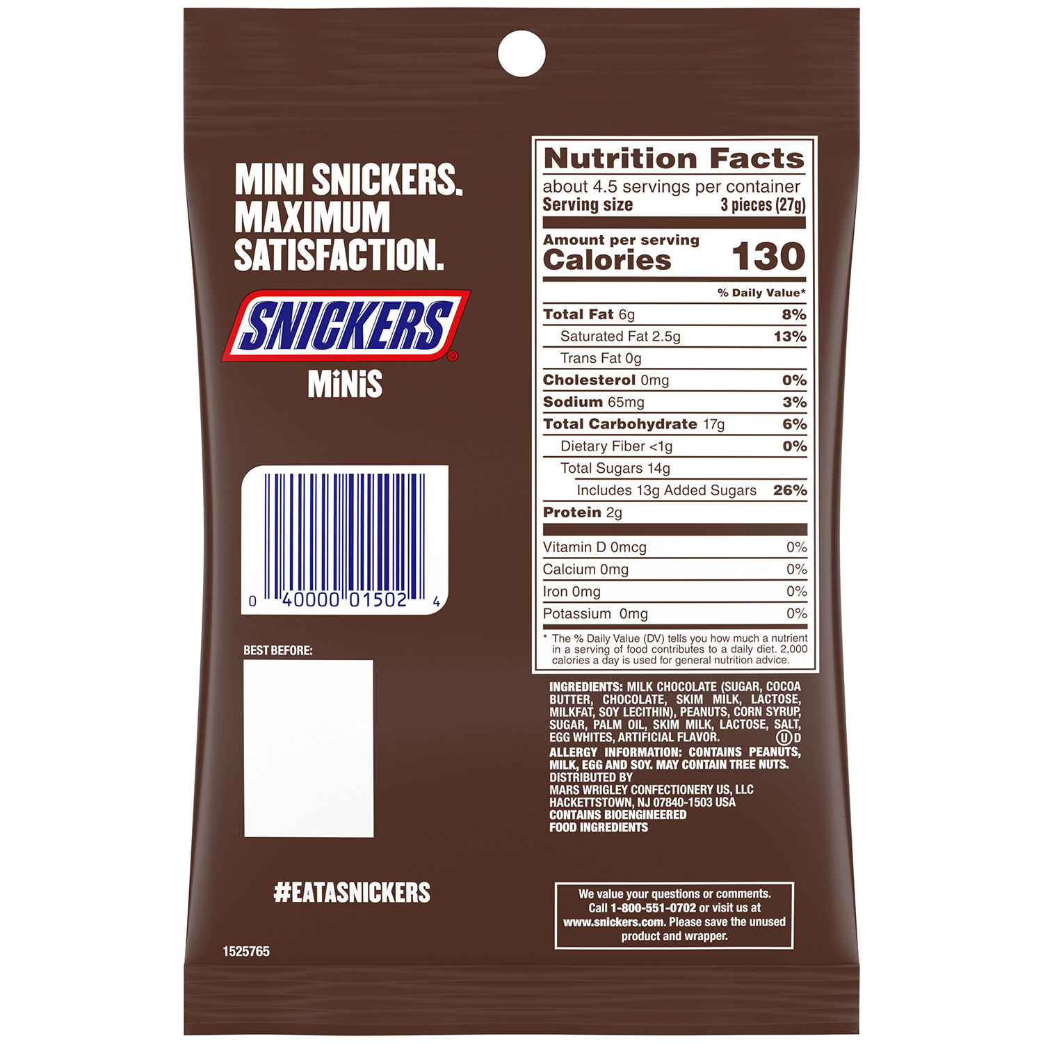 Chocolate Miniatura Snickers Paquete 124.7 G | Auto Mercado
