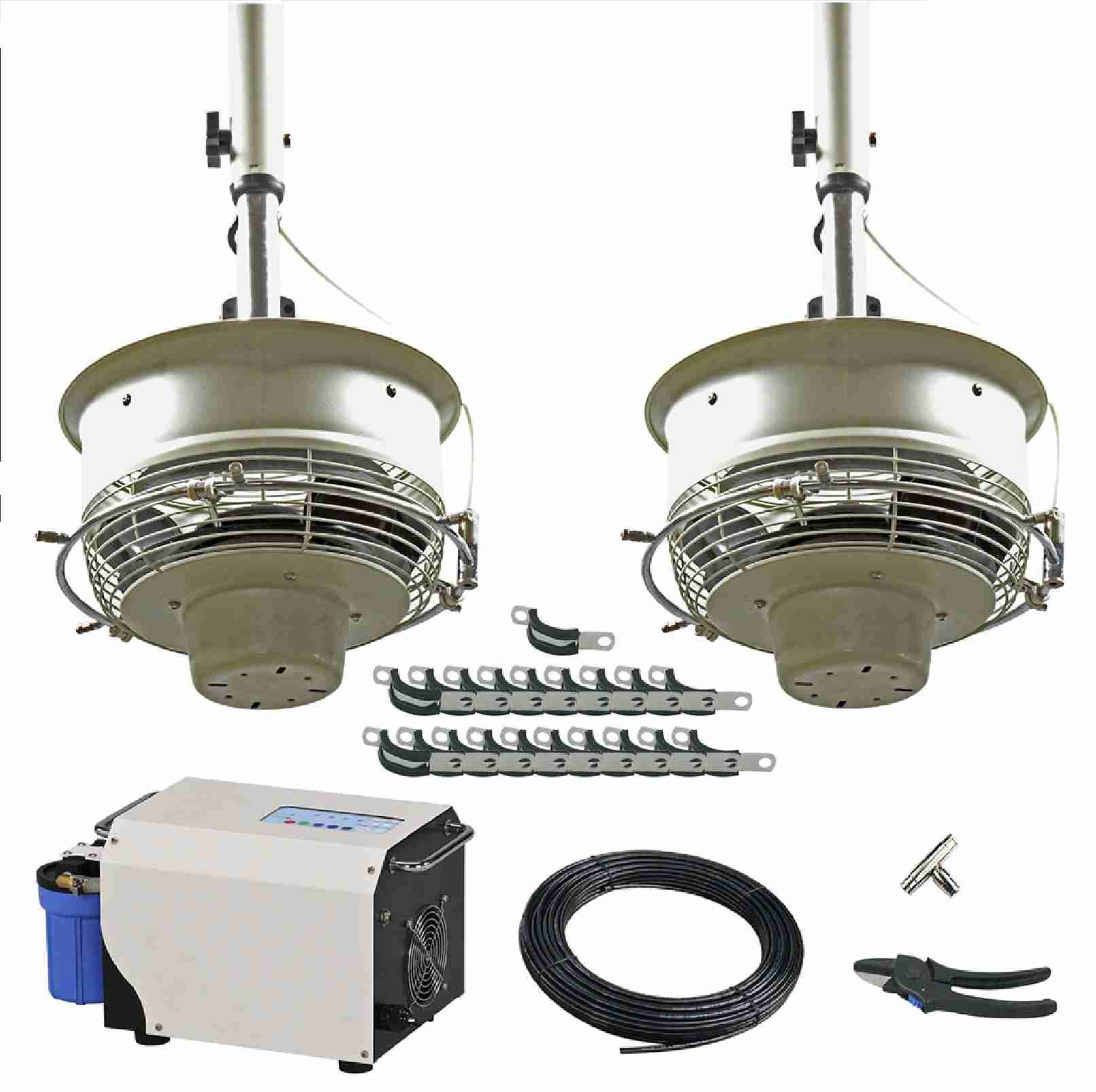 2 Ceiling Mount CentraMist Fans with 15 Nozzle Pump (White) - Big Fogg