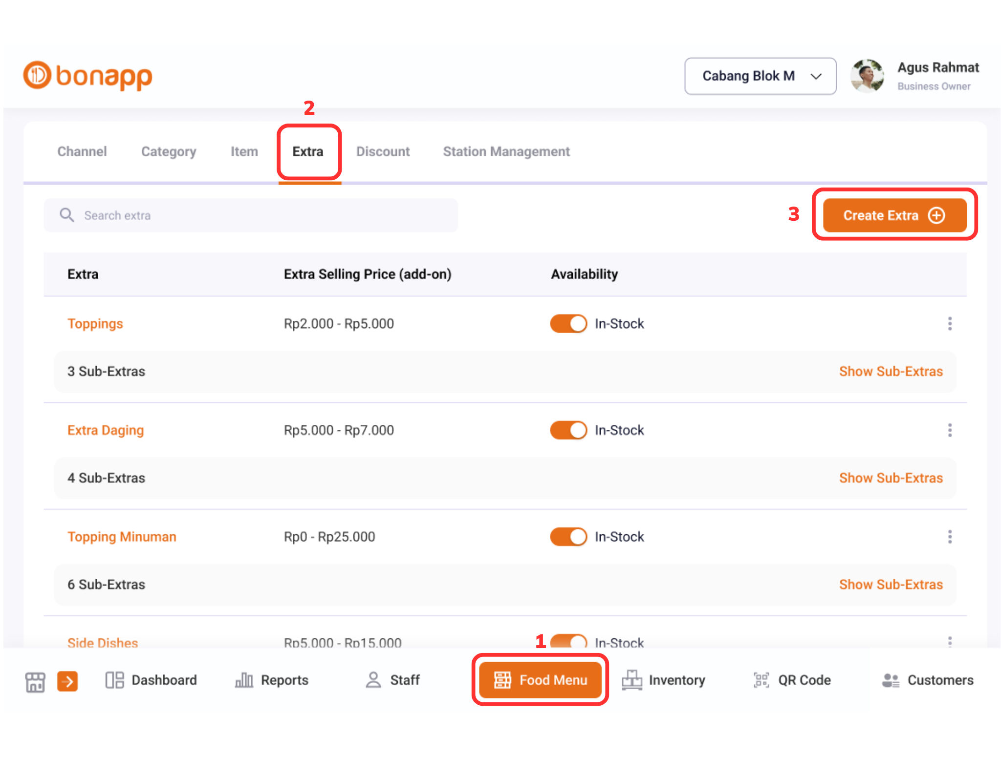 Untuk mengakses Extra, Merchant dapat melihat pada “Food Menu (1)” > “Extra (2)” > “Create Extra ...