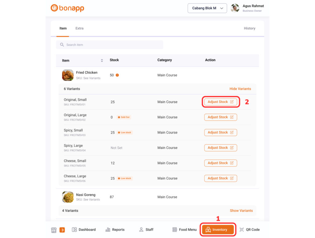 Setelah masuk ke halaman item varian pilih “Adjust stock (3)”