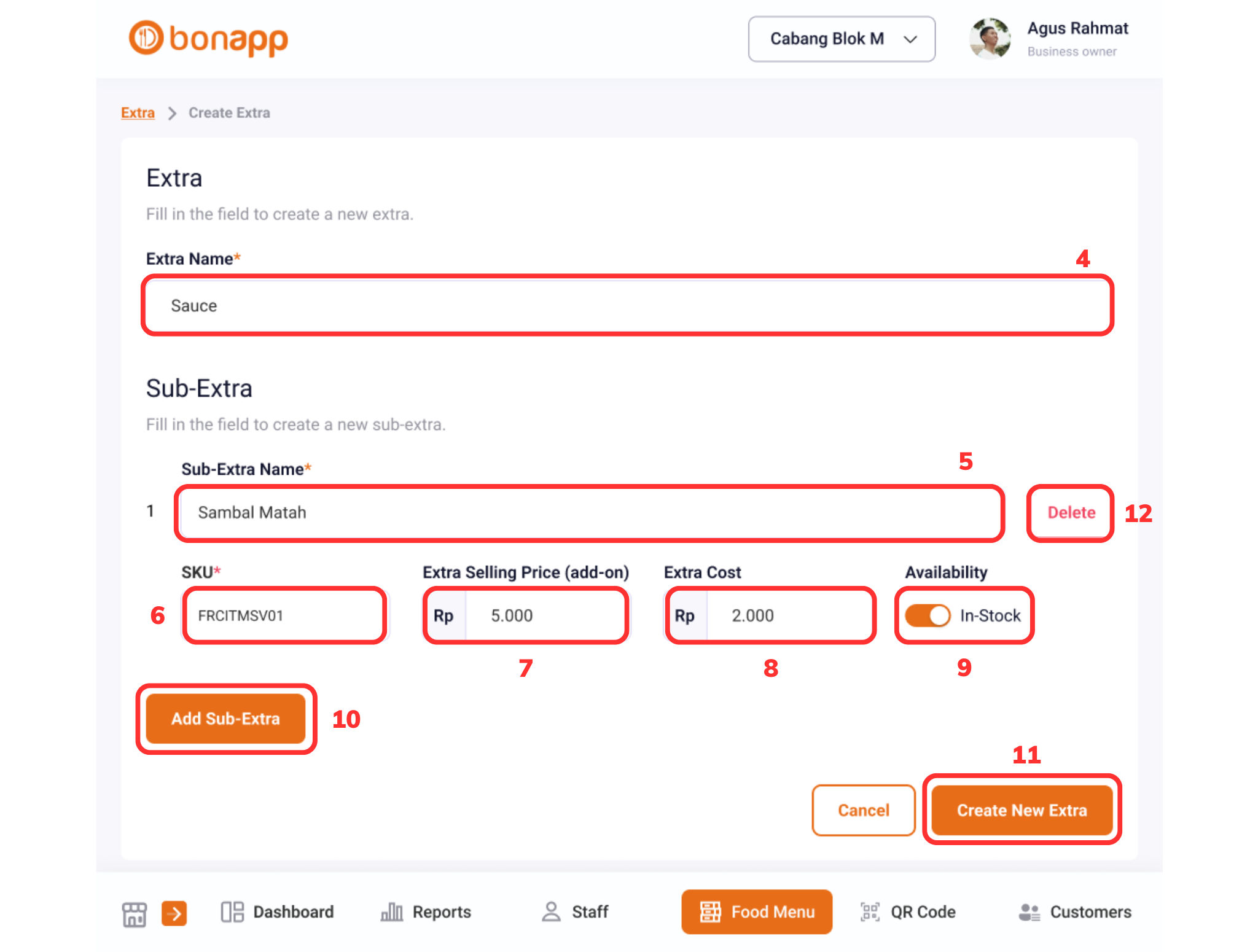 Untuk mengakses Extra, Merchant dapat melihat pada “Food Menu (1)” > “Extra (2)” > “Create Extra ...