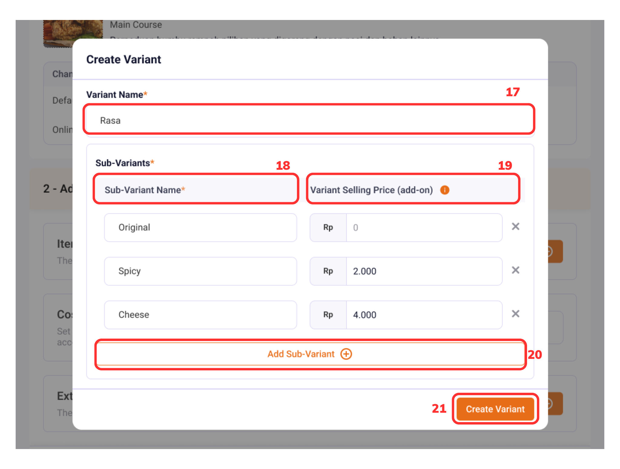 Kemudian akan tampil pilihan “Add Variant (16)” untuk menambahkan variant baru di menu item yang ...