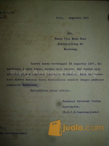 Surat Pembesar Kraton Soerakarta BKPH Koesoemojoedo Kepada Toean Tjoe ...