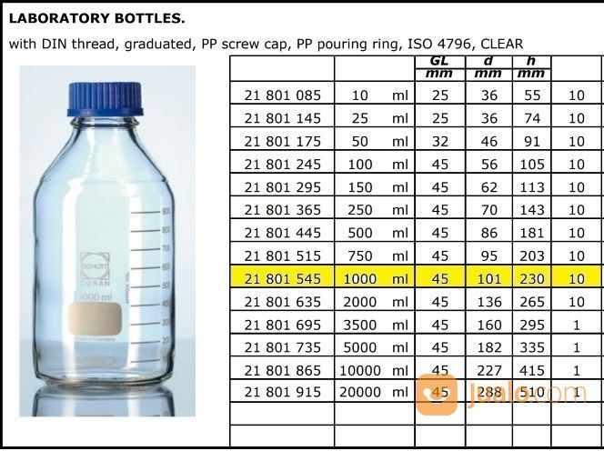 Botol Glass Laboratory Laboratorium 1000ml Schott Duran di Kota Jakarta ...