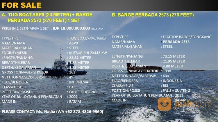 TUG BOAT ASP9 (23 METER) + BARGE PERSADA 2573 (270 FEET) 1 SET di Kota Jakarta Utara, DKI ...
