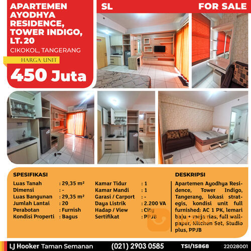 (TSI/15868) Apartemen Ayodhya Residence, Tower Indigo, Tangerang, 29.35 m², Lt. 20, PPJB di Kota ...