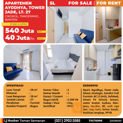 (TSI/15996) Apartemen Ayodhya, Tower Jade, Tangerang, 38 m², Lt. 27, PPJB di Kota Tangerang ...