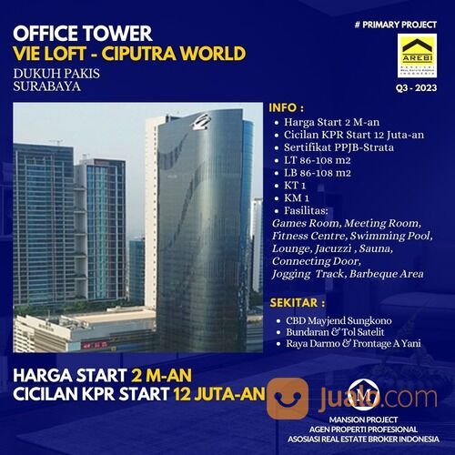 Office Tower Vie Loft Ciputra World Dukuh Pakis Surabaya dkt Raya Darmo Mayjend Sungkono di Kota ...