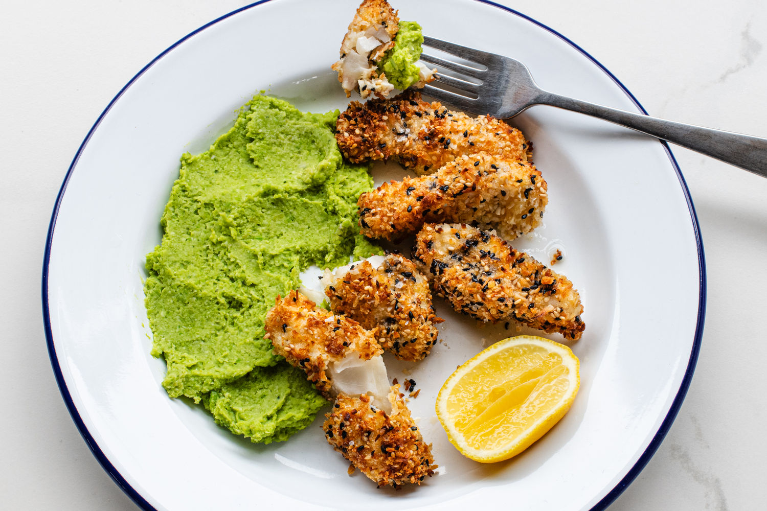 Sesame Coconut Fish Fingers with Mushy Peas, Broad Beans and Edamame ...