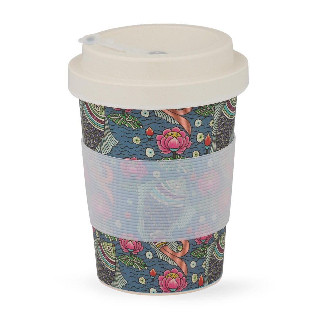 Eco-Friendly Bamboo Fibre Travel Reusable Coffee Mug with lid 350 Ml (Fish)