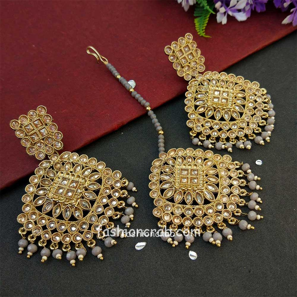 Grey Pearl Polki Maang Tikka Set with Earring for Wedding | FashionCrab.com