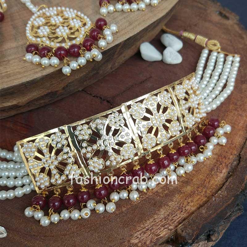 Maroon Colour Pearl Jadau Choker Set for Punjabi Bride | FashionCrab.com