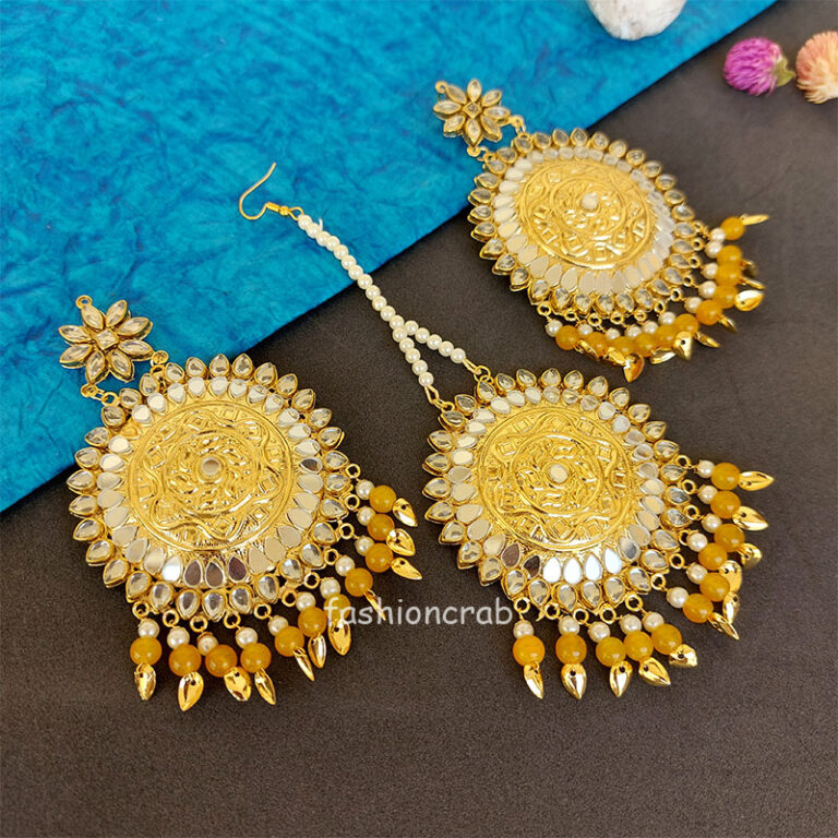 Yellow Color Punjabi Tikka Earrings for Wedding | FashionCrab.com