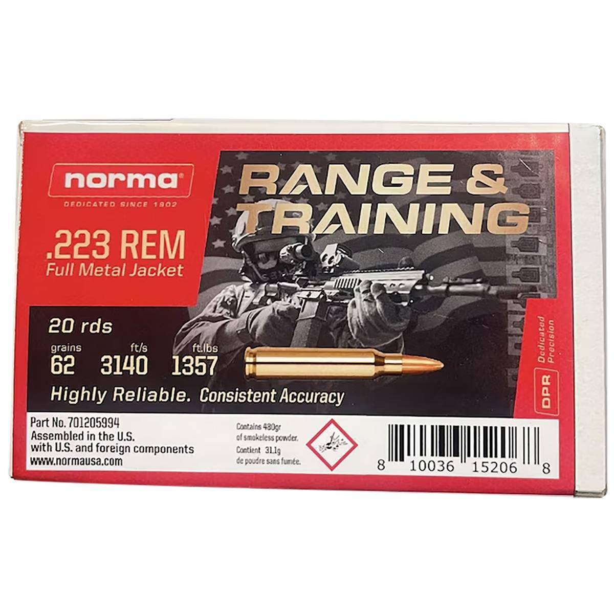 Norma Range & Training Rifle Ammunition .223 Rem 62gr Fmj 3140 Fps 20 ...
