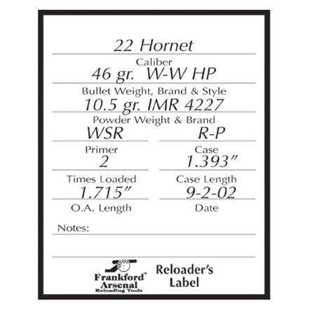 FRANKFORD PISTOL & RIFLE RELOAD LABELS 100 pk - Feather Arms
