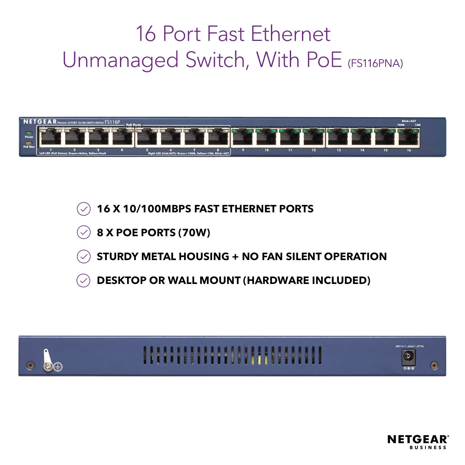 Netgear FS116P-200INS Fast Ethernet Unmanaged Switch