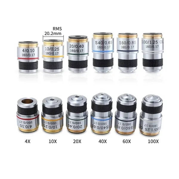 Achromatic Objective Lens Set For Biological Microscopes (4X, 10X, 40X ...