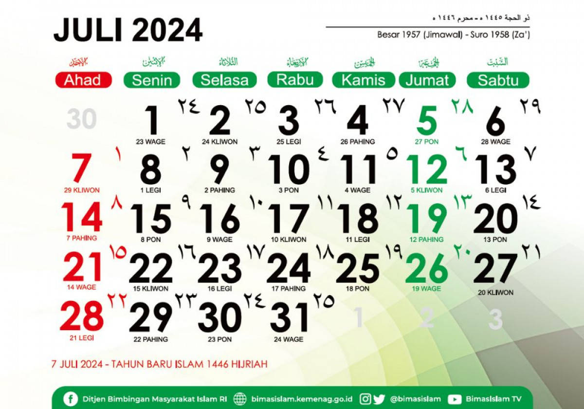 Kalender Jawa Juli 2024, Lengkap dengan Weton dan Penanggalan Hijriah