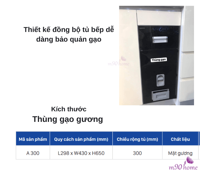 Thùng gạo mặt gương âm tủ thông minh 300 Aroki cao cấp giá rẻ