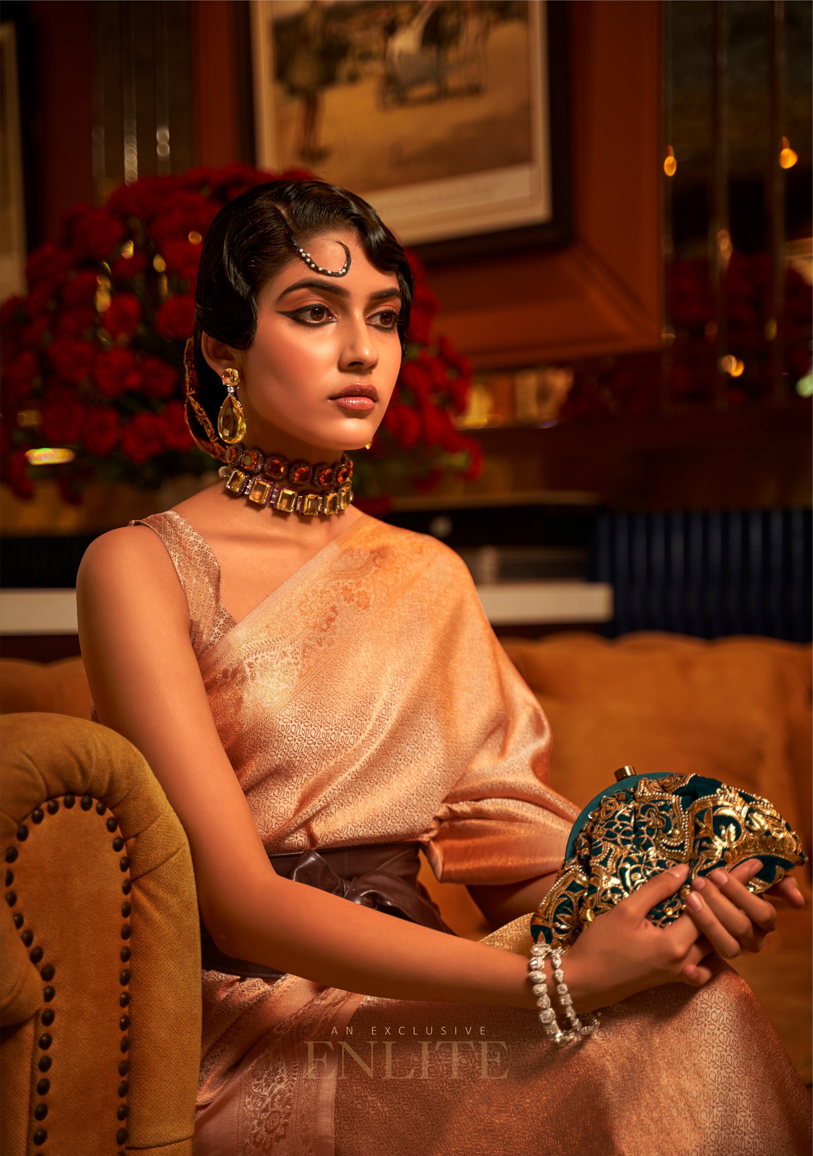 Golden colour saree with contrast blouse store