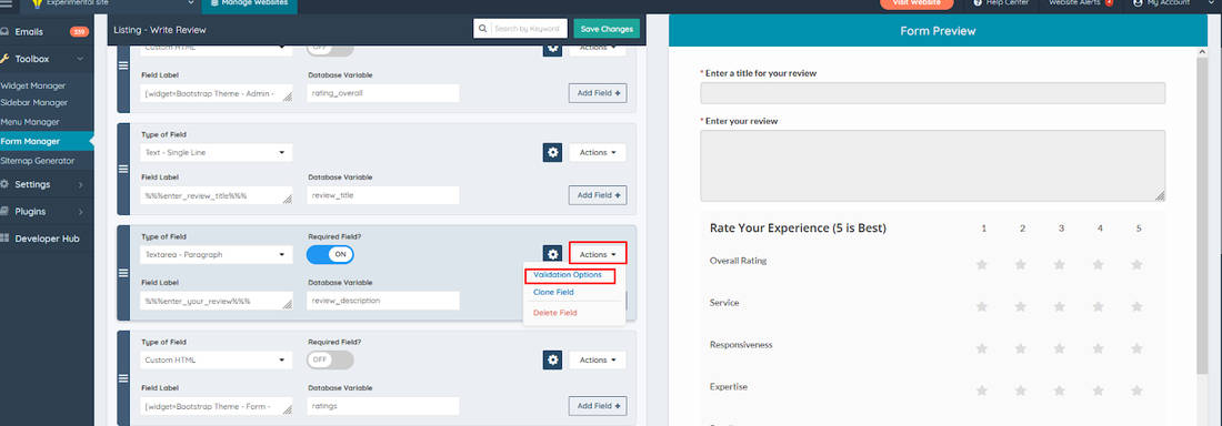 How to change the min and max character limits in Review Form
