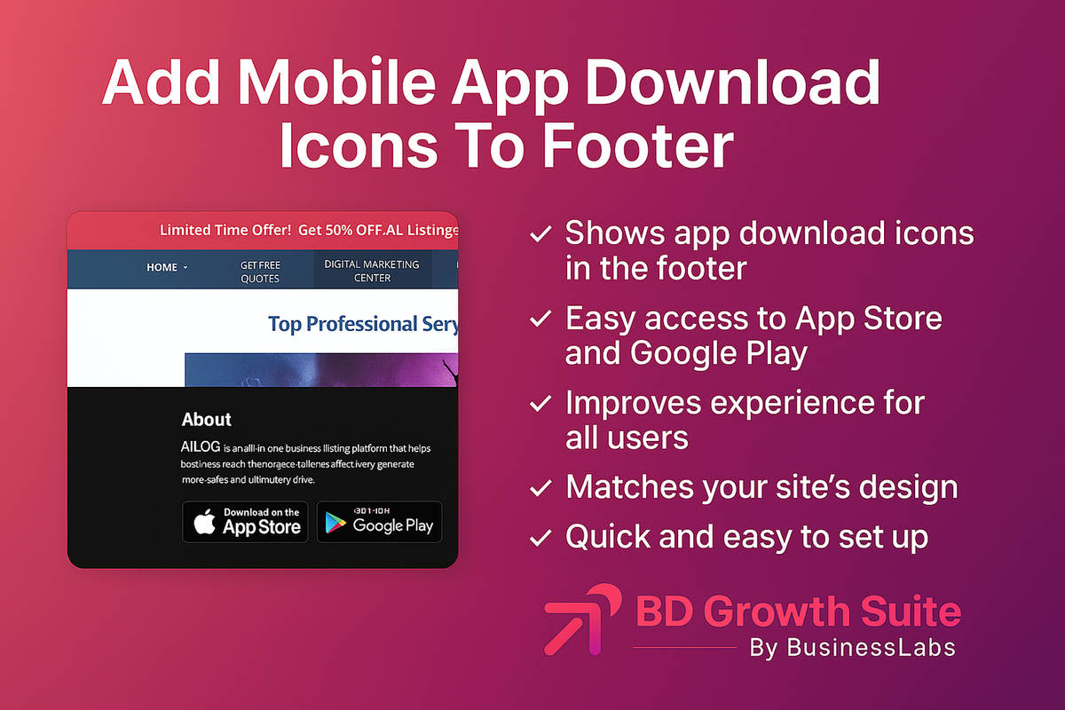 Add Mobile App Download Icons to Footer | BD Growth Suite.