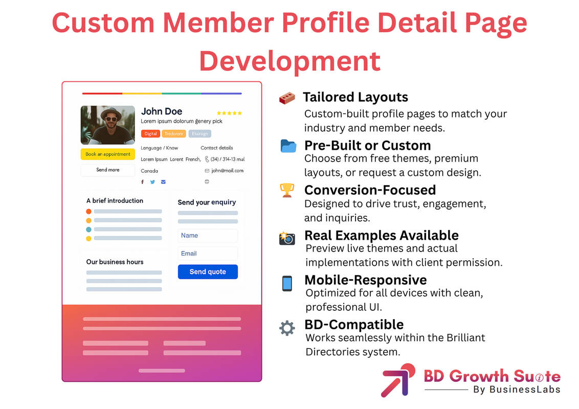 Custom Member Profile Detail Page Design for Brilliant Directories | BD Growth Suite.