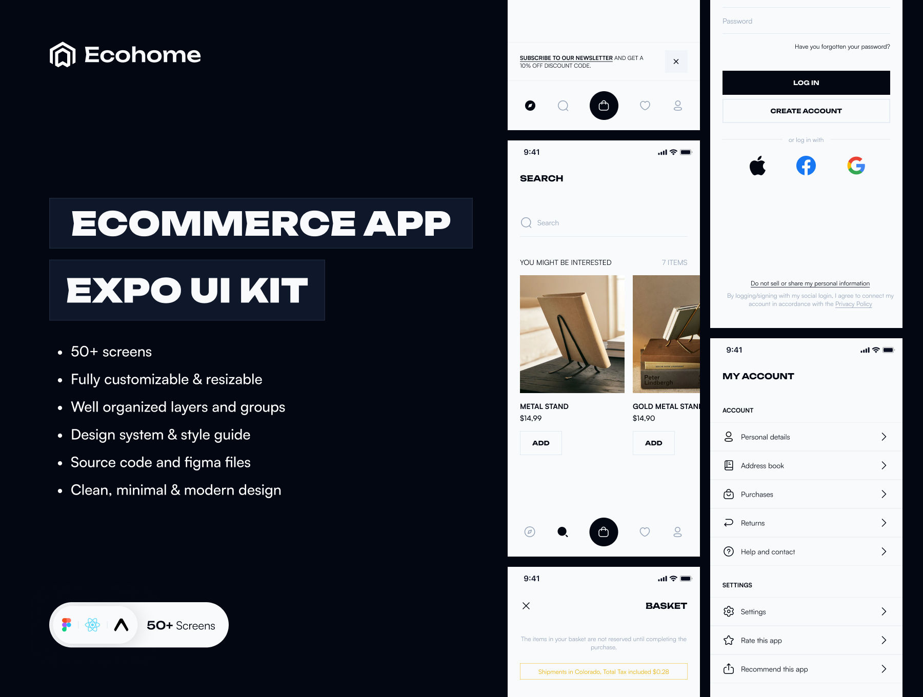 Ecohome Ecommerce React Native & Expo UI Kit | Devplates