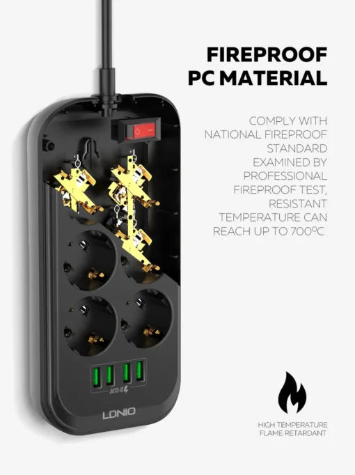 LDNIO Power Strip Black 6 Outlet 3.4A 4 USB Surge Protection