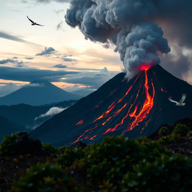 InspirePix | Volcano eruption heatmap ash sky vegetation birds mountain ...